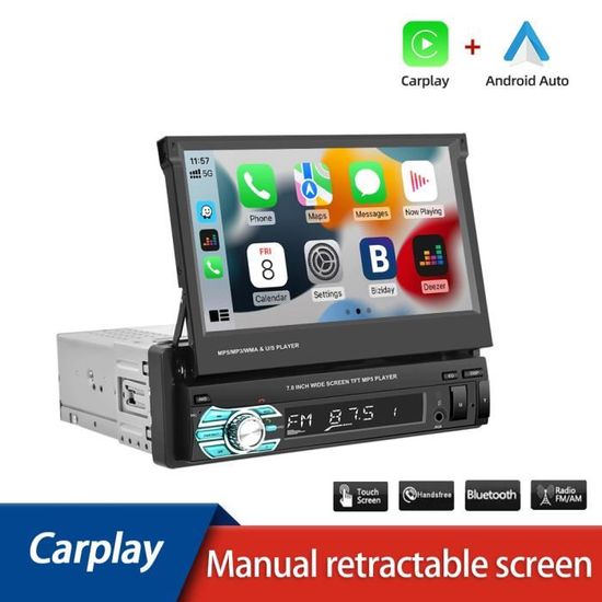 Autoradio Bluetooth Universel Stéréo MP5 Ecran rétractable automatique 7" 1 Din Android Carplay ...