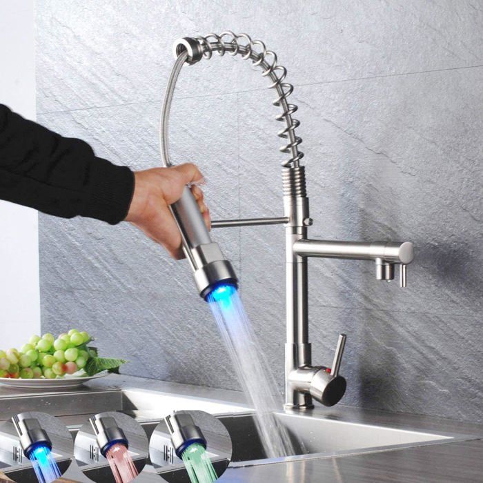 Led 3 Couleurs Changeantes Robinet De Cuisine Avec Douchette Flexible ...