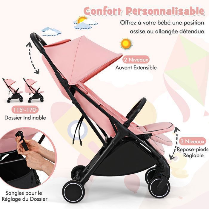 Poussette Compacte Bébé COSTWAY-Pliant par Gravité à une Main-Dossier ...