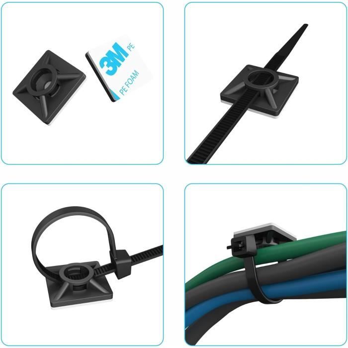 100 Pièces Embases Adhesive pour Attache de Cable, 19mm x 19 mm, Noir, Serre-Câbles Auto Adhésif ...