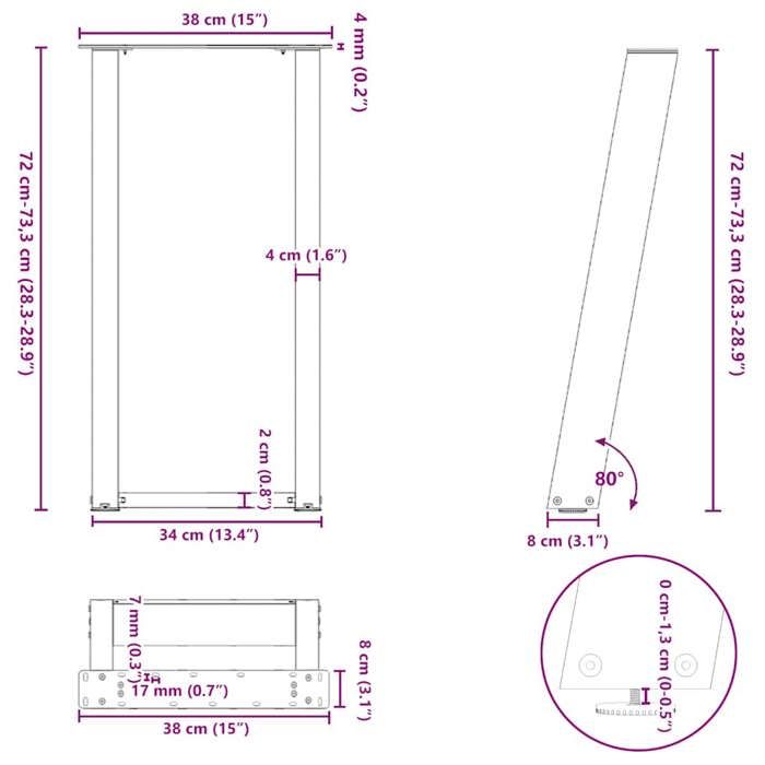 VidaXL Pieds de table console en U, 2 pièces, noir, 38 x (72-73) cm ...