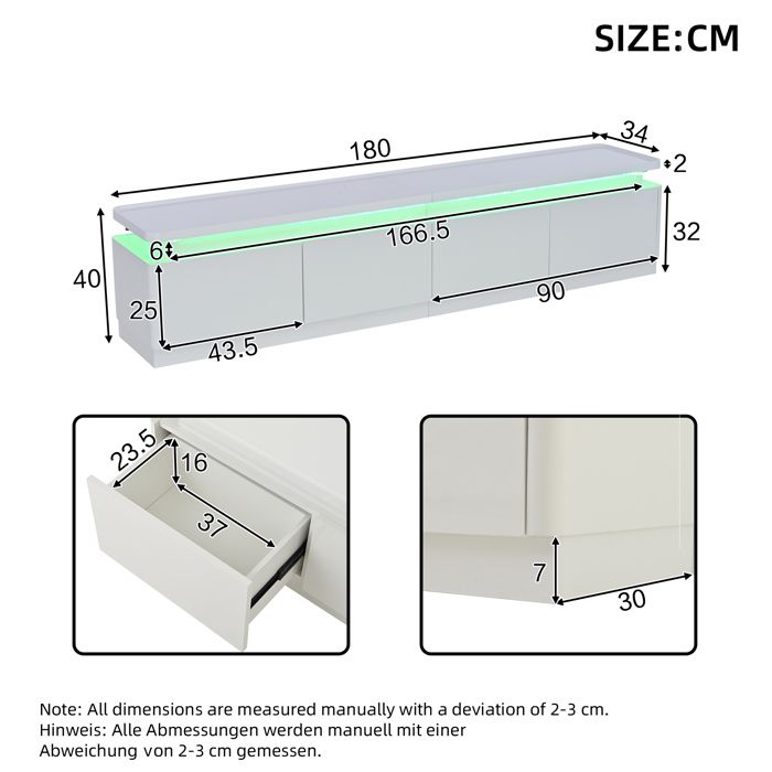 Meuble TV 180x34x40 cm EVRYAE - 4 tiroirs et LED Bluetooth, surface ...
