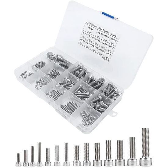 135pcs vis à tête cylindrique socket tête câble boulons tête hexagonale six pans creux en acier ...