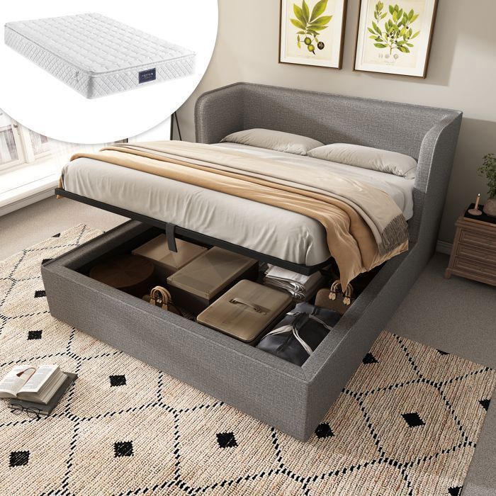 Lit double gris rembourré hydrauliquement 160×200cm avec cadre de lit ...