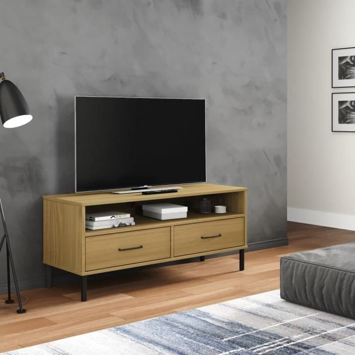 FDIT Meuble TV avec pieds en métal Marron Bois de pin massif OSLO ...