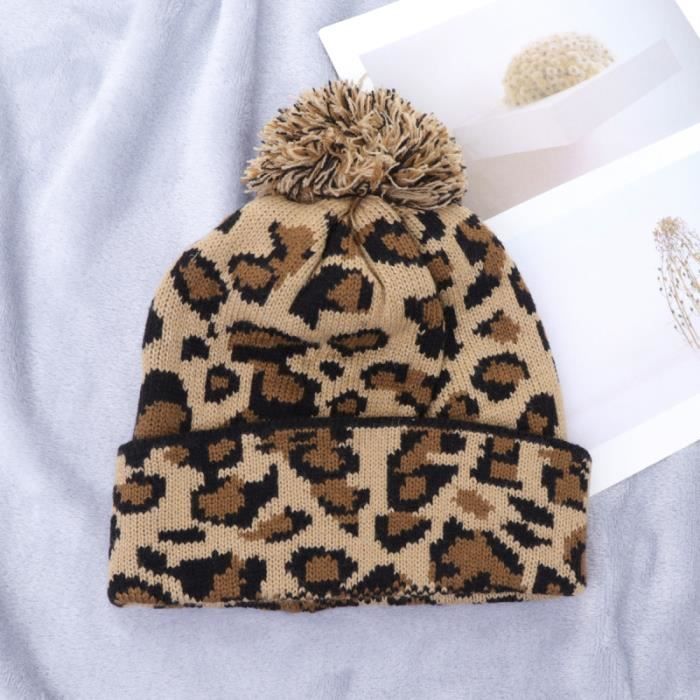 1PC Bonnet Tricoté Léopard En Tricot Chaud Hairball pour Automne Hiver ...