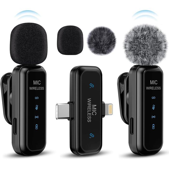 Microphone de Lavalier Sans Fil 2 en 1 pour iPhone, iPad, Anoid, Caméra ...