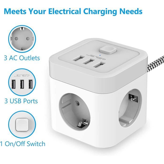 Multiprise Cube USB, Bloc Multiprise 3 Prises avec 3 Ports USB Chargeur (5V3,1A-15,5W) Prise ...