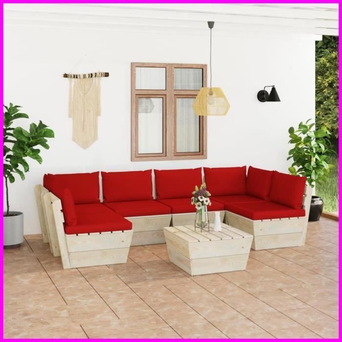 DXBK Salon de jardin palette 7 pcs avec coussins Épicéa imprégné ...