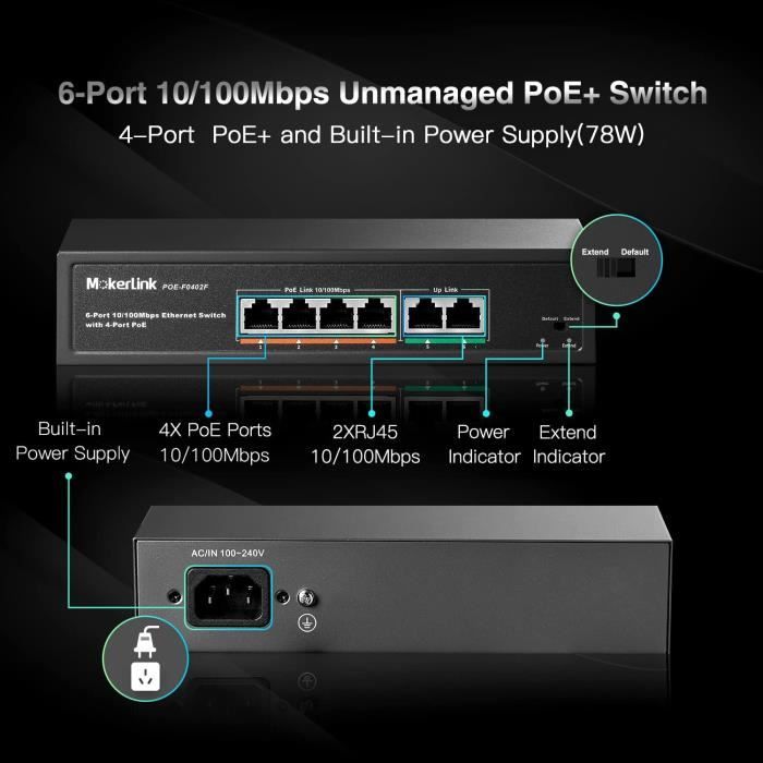 4 Port Poe Switch, 2 Uplink Ethernet Port, 78W Haute Puissance, Ieee802.3Af-At, Fanless Metal ...
