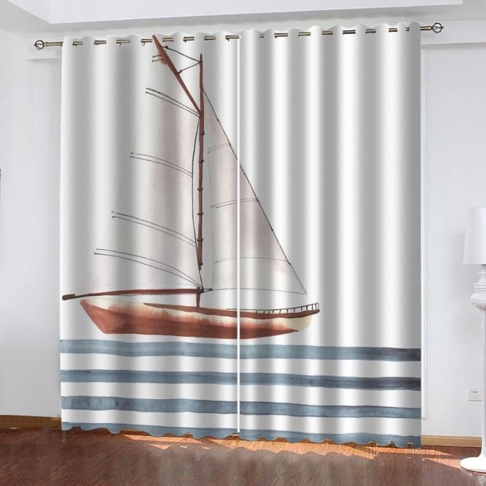 Rideau Salon Occultant 3D Voilier Blanc Aquarelle Motif Rideaux ...