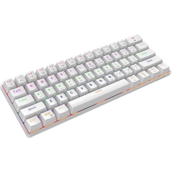 Clavier 60% Mécanique Blanc Filaire QWERTY,Clavier Gaming Mini avec 61 ...