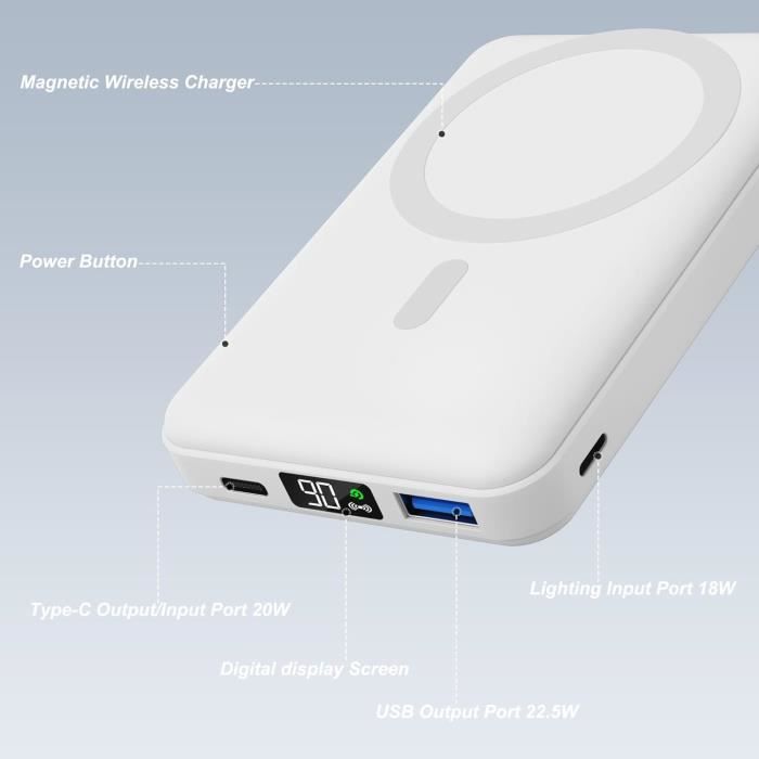 Batterie Externe Pour Iphone, 10000Mah Batterie Externe Avec Magsafe, Pliable Magnétique Sans ...