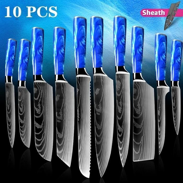 10 Pièces Set Couteaux de Cuisine Damas Acier Couteau de Chef Santoku ...