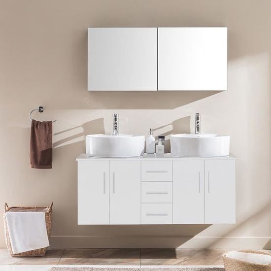 Rusati Blanc : ensemble salle de bain meuble + 2 vasques + 1 miroir ...