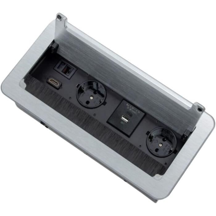 Multiprise de bureau encastrable avec 2 Schuko, 2 USB (A+C), HDMI, Rj45 ...
