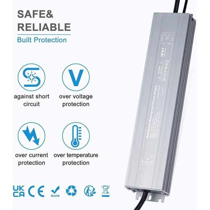 Transformateur 220V 12V Etanche, Dimmable Alimentation LED 12V 200W ...