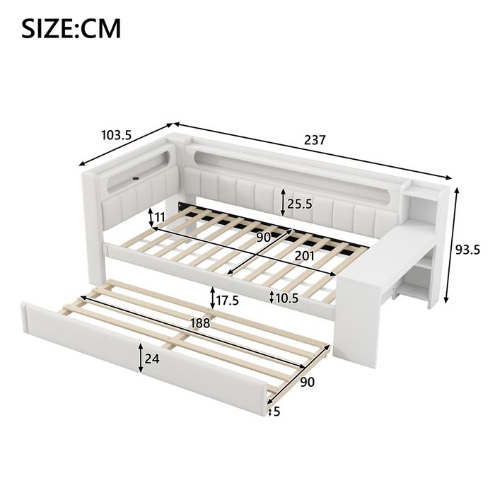 MODFU Lit banquette 90×200 cm avec LED et ports USB, bois et lin, blanc ...