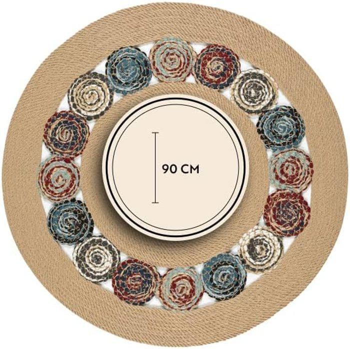 Salon Tapis Rond En Jute - Tapis Décoratif Bohème, Beige Naturel Avec Cercle Multicolore, Tapis ...