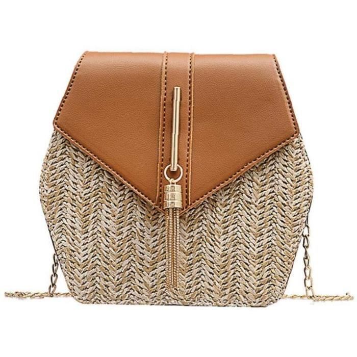 Tissé Sac en Rotin Hexagonal Sac À Bandoulière en Cuir Souple PU Splice ...