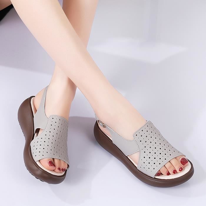 Sandales Femmes - Chaussures été Cuir - Gris - Talon Plat - Fermeture ...