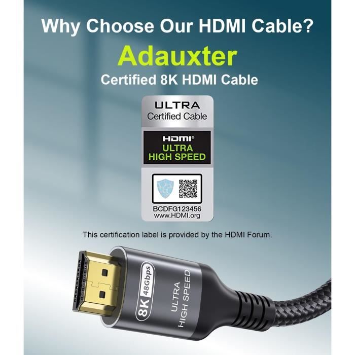 10K 8K Câble Hdmi 2.1 6M, Certifié Ultra Haute Vitesse Câble Hdmi 4K ...