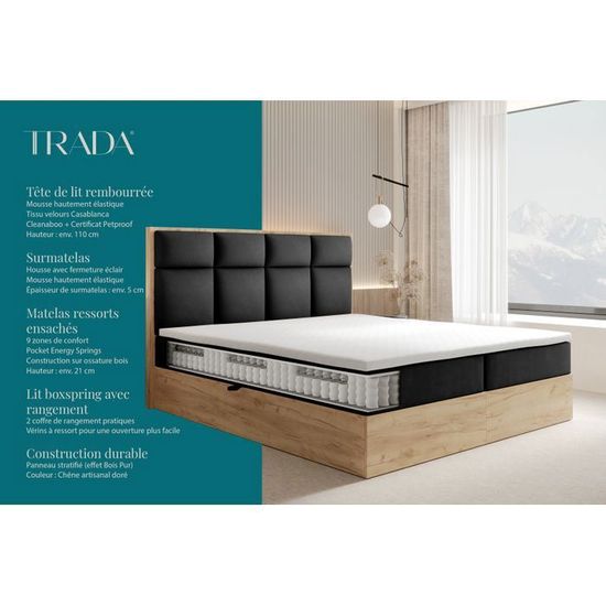 Lit boxspring 140x200 cm SELVA rangement matelas ressorts ensachés et ...