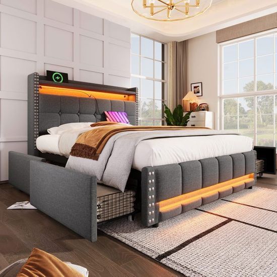 Lit LED 160x200 cm avec sommier à lattes et prise USB, tête de lit en ...