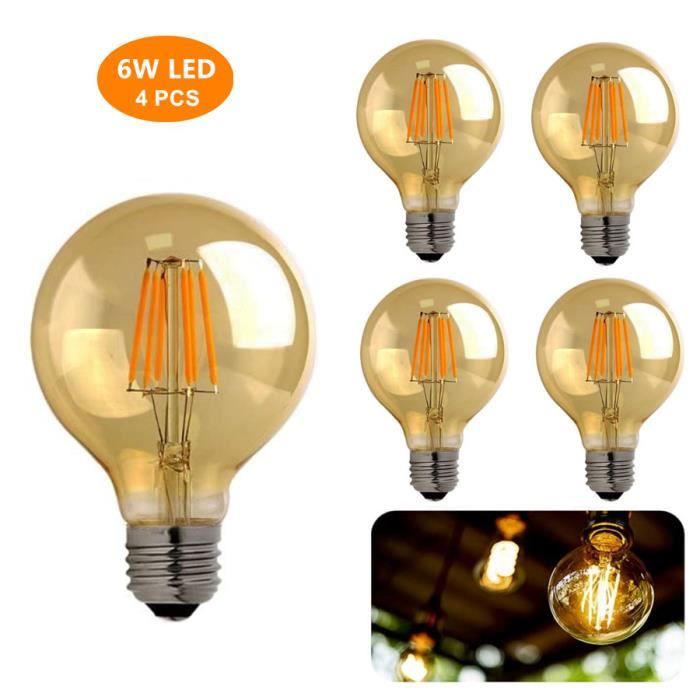 Lot de 4 Ampoules LED Edison E27 - Edison Vintage - G80 - Blanc Chaud - 6W (équivalent 60W ...