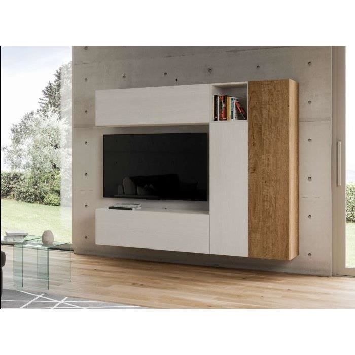 Meuble TV modulable suspendu design blanc et naturel Lina L 214 cm - 5 ...