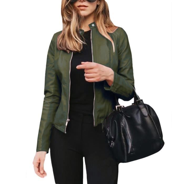 Femme Veste en Simili PU Décontracté Vintage Veste en Col Montant Zippé ...