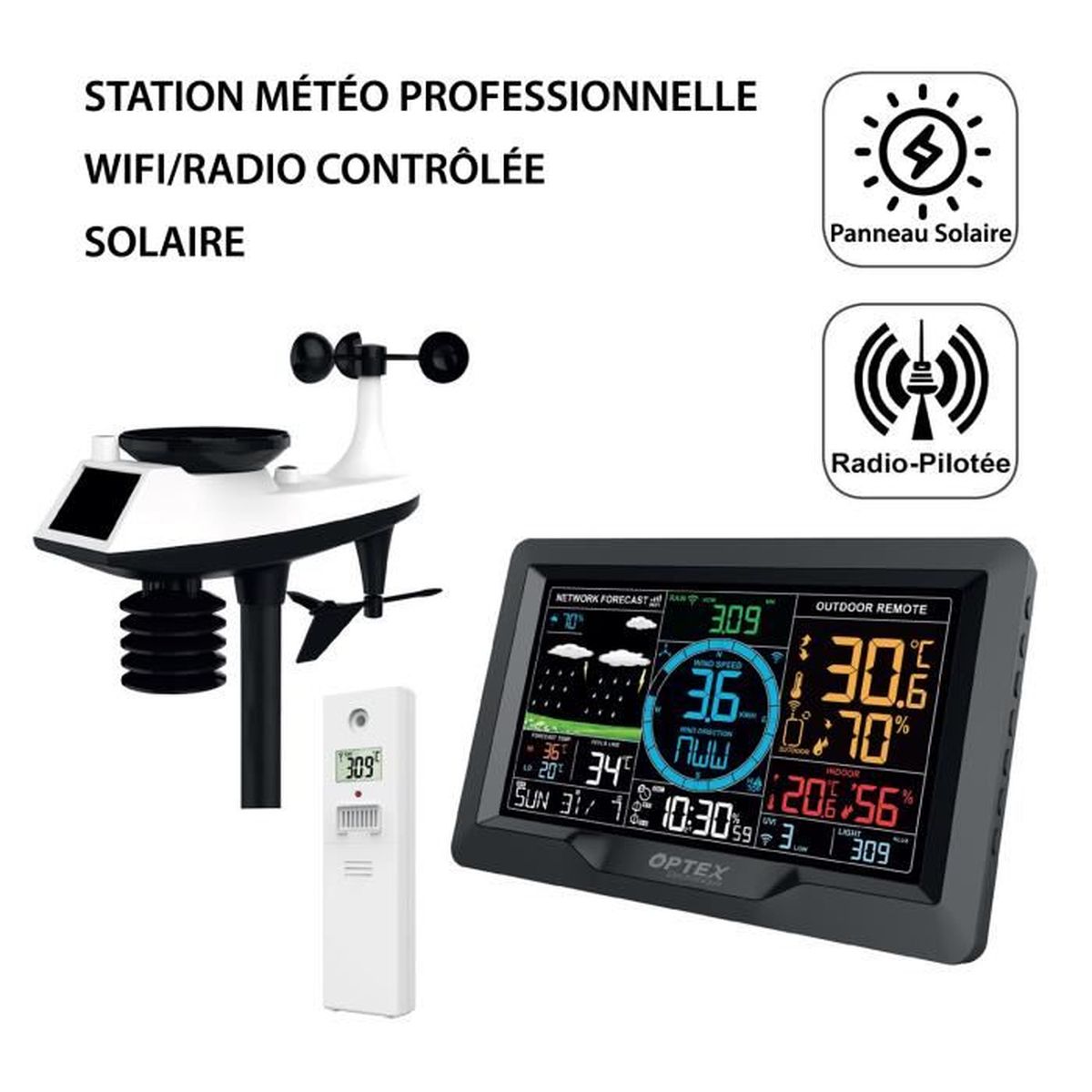 STATION MÉTÉO PROFESSIONNELLE WIFI/RADIO CONTRÔLÉE SOLAIRE - COULEUR ...