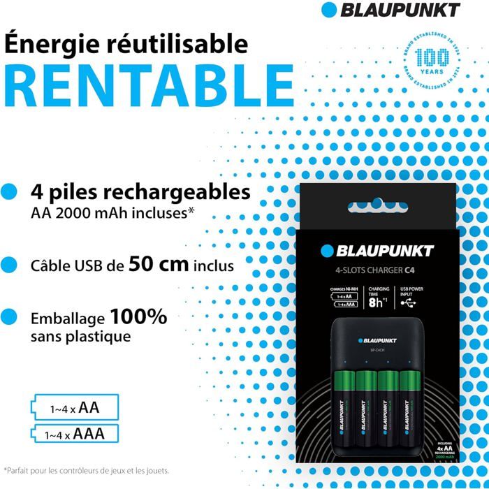 Chargeur de Piles USB, pour 1-4 Piles Rechargeables AA,AAA, 8-10h de ...