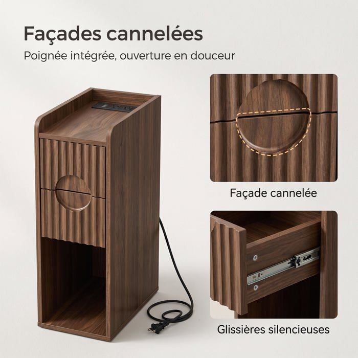 JoyGarden Chevet Étroit avec Prise – MDF Effet Noyer, Tiroir, Étagère ...