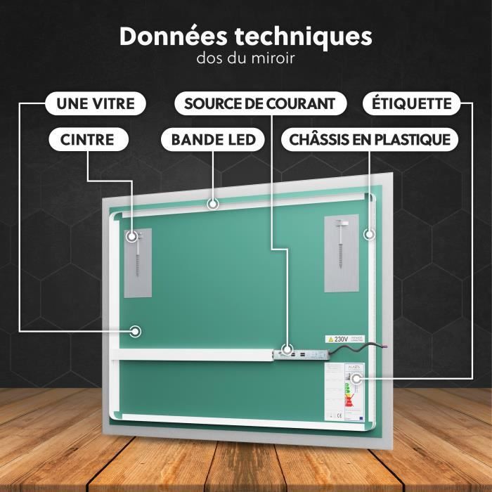 Miroir LED ALASTA Baltimore 130x50 cm avec interrupteur tactile ...