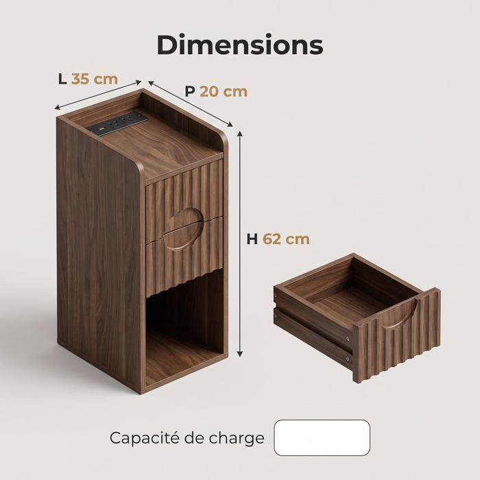 JoyGarden Chevet Étroit avec Prise – MDF Effet Noyer, Tiroir, Étagère ...