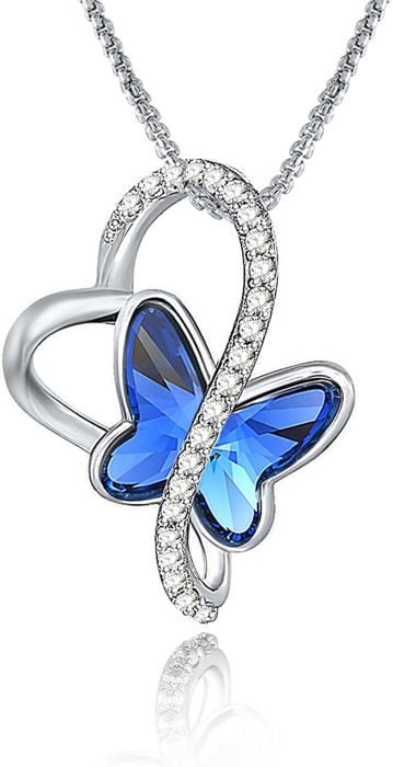 Collier Papillon pour Femmes Collier Pendentif Cœur Argent Cristal Bleu ...