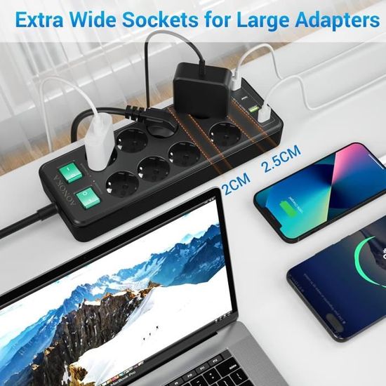 Multiprise Electrique USB C, Multiprise 8 Prises Parafoudre et ...