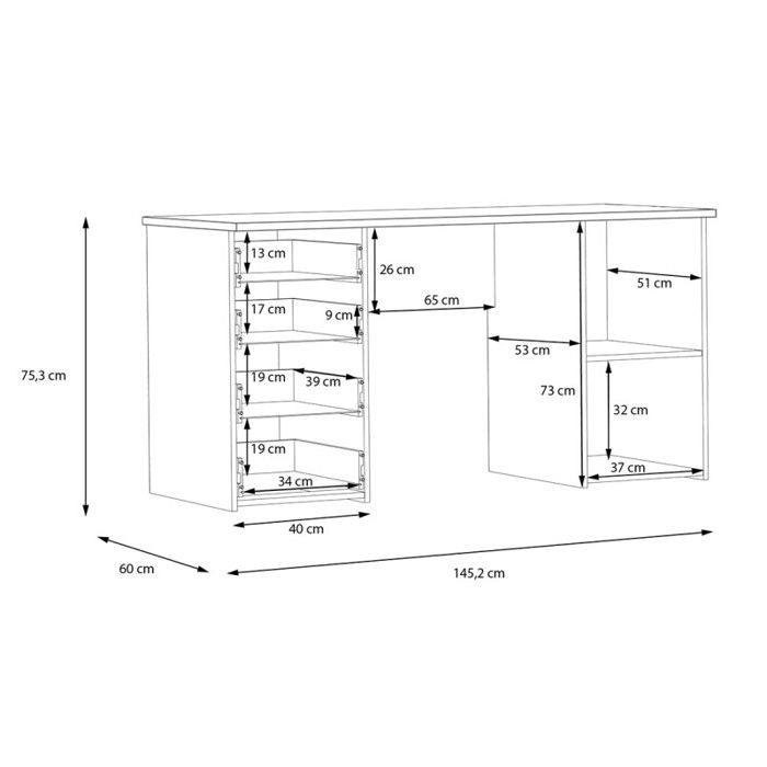 Bureau droit 145 cm décor chêne rustique 1 placard 4 tiroirs - MANOLO ...