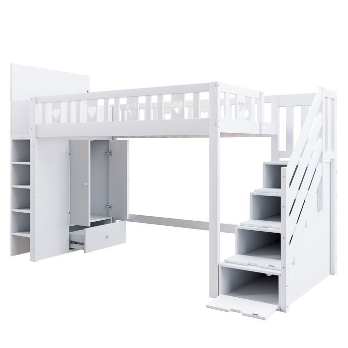 Lit mezzanine 90x200, structure bois escalier rangements intégrés ...