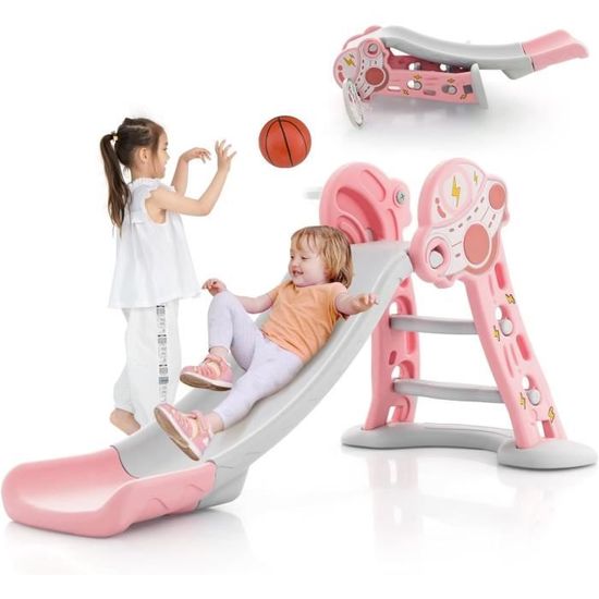 GOPLUS 3 en 1 Toboggan Enfant Plaible avec Panier de Basket et Échelle Escalade pour Enfants 1,5 ...