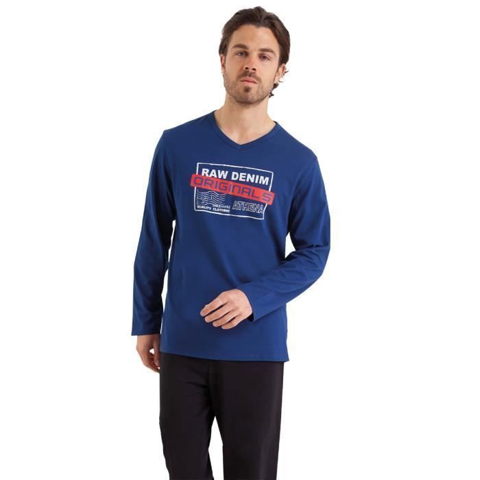 Pyjama long col V homme Ecopack Sérigraphie Athena Bleu nuit-noir ...