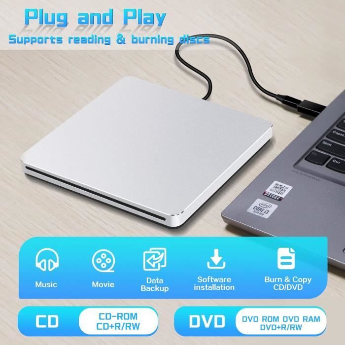 NOLYTH Lecteur DVD Externe USB 3.0 Type-C Portable Graveur CD pour PC ...