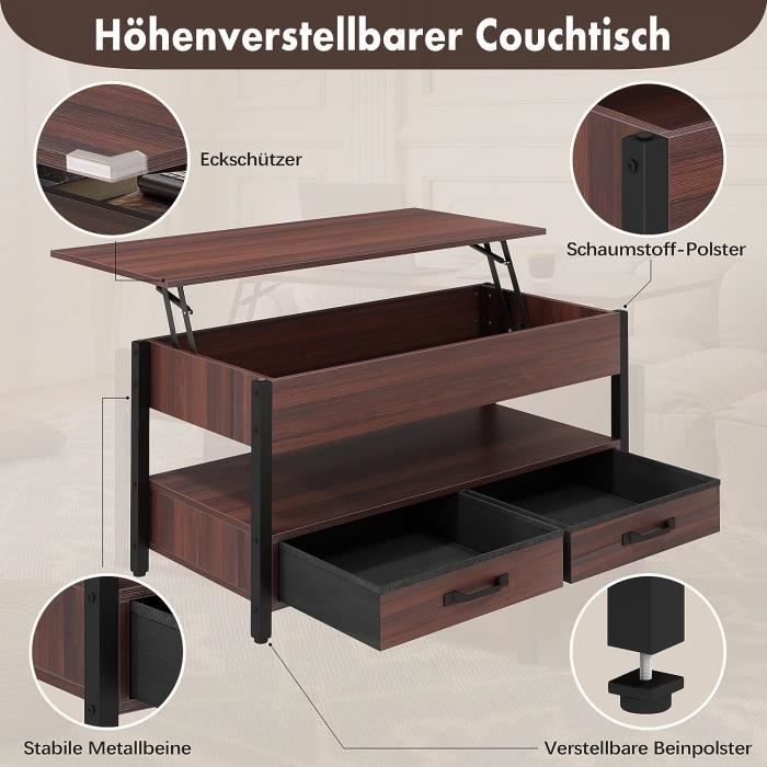 Table Basse - Espresso - Réglable en Hauteur et Extensible - Avec ...