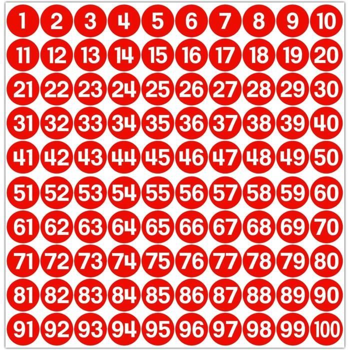 Étiquettes Chiffres Autocollants Cercles Rouge De 1 À 100 (100-500 2500 ...