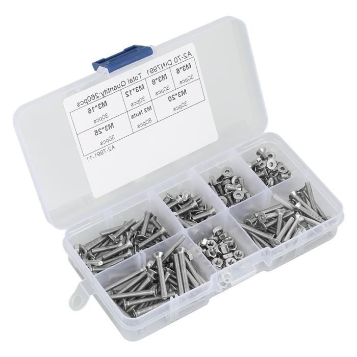 Vis à tête plate à six pans creux 260pcs M3 304 En Acier Inoxydable Hex Socket Vis À Tête Plate ...