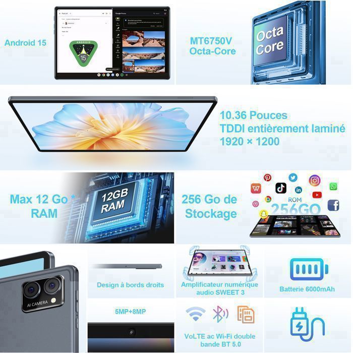 Tablette Android 15, 12 Go RAM + 256 Go ROM(1To Extensible) Tablette 10 ...