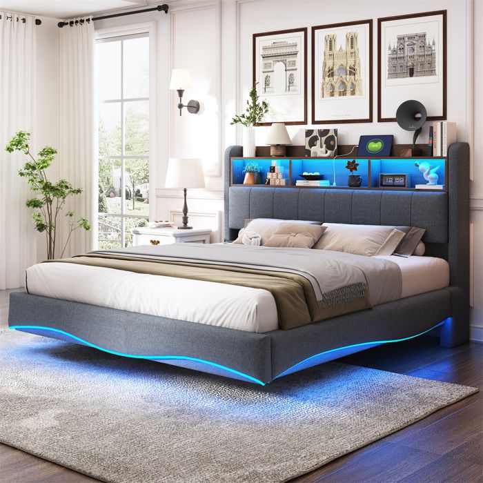 Lit 160x200 avec Sommier et Bandes LED, Lit 2 Personnes pour Adulte Ado ...