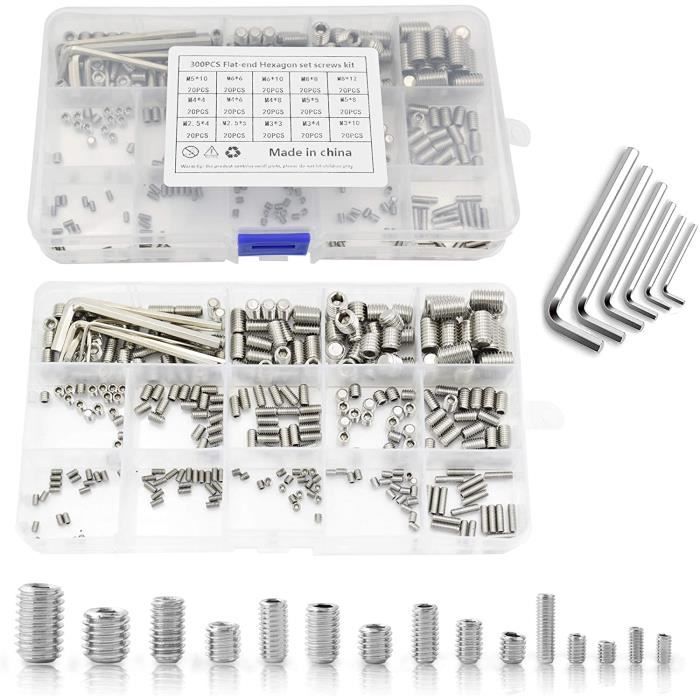 300 pièces m2,5 m3 m4 m5 m6 m8 vis sans tête assortiment de vis allen ...