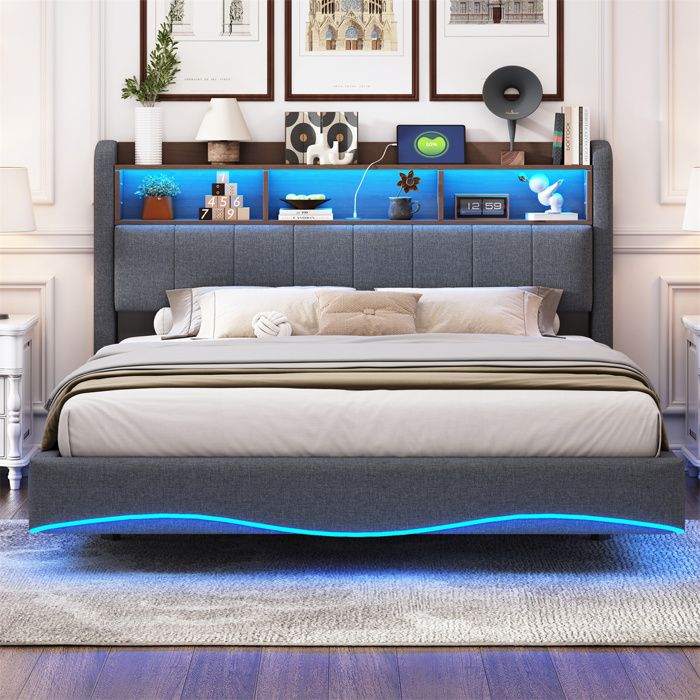 Lit 160x200 avec Sommier et Bandes LED, Lit 2 Personnes pour Adulte Ado ...